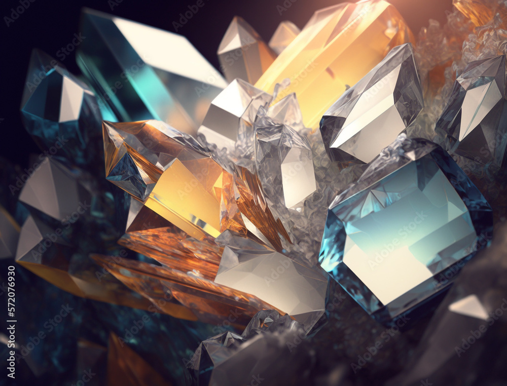 Abstract background of shiny translucent crystals, each with its unique ...