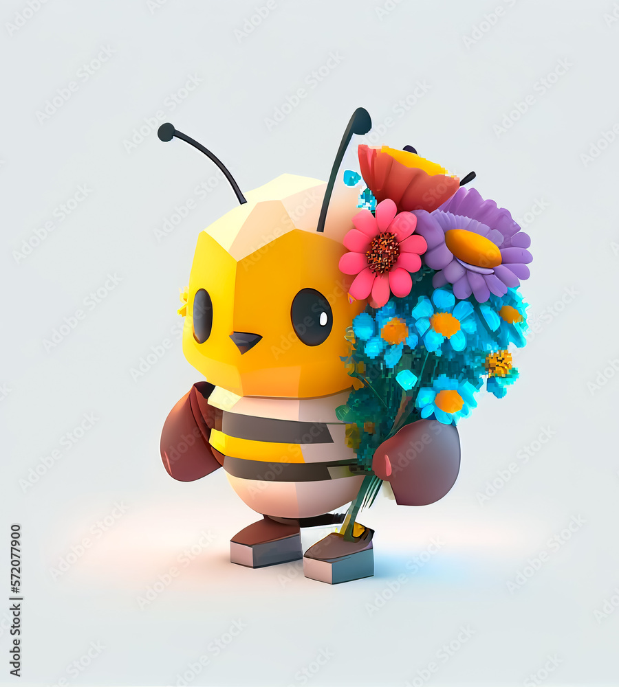 Cute honey bee holding flowers cartoon, AI generated image. Stock ...