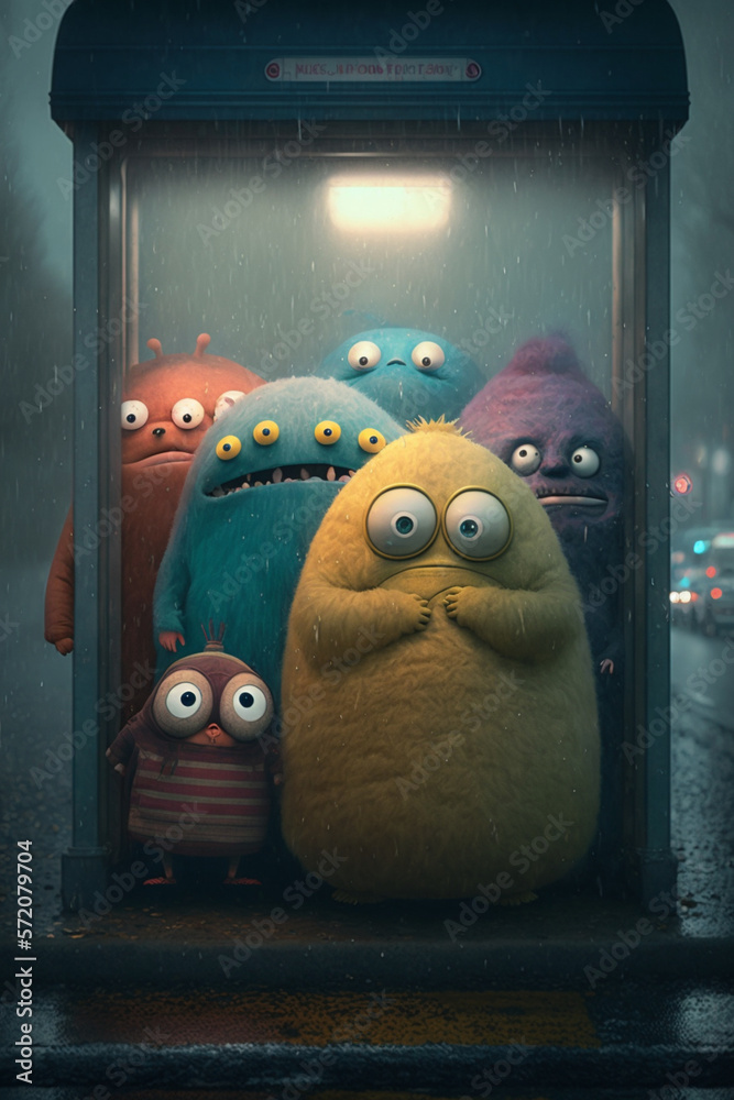 A group of cute colorful alien monsters stuck at the bus stop waiting ...