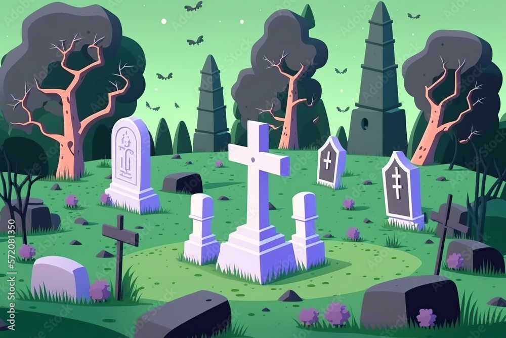 cartoon illustration, graveyard with tombstones, in a forest with trees ...