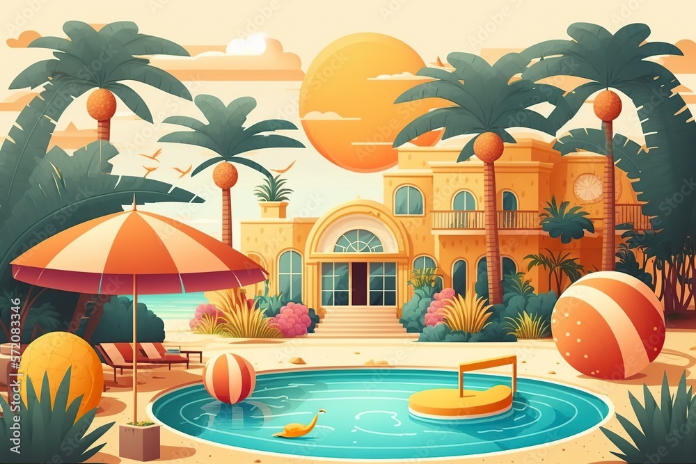 cartoon illustration, luxury resort hotel and swimming pool, ai ...