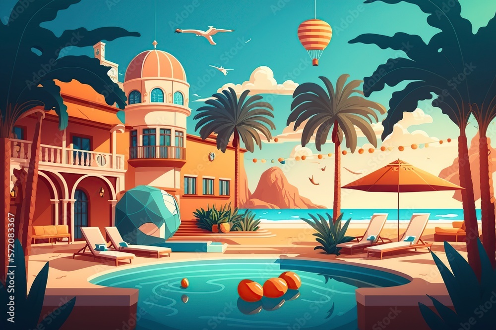 cartoon illustration, luxury resort hotel and swimming pool, ai ...