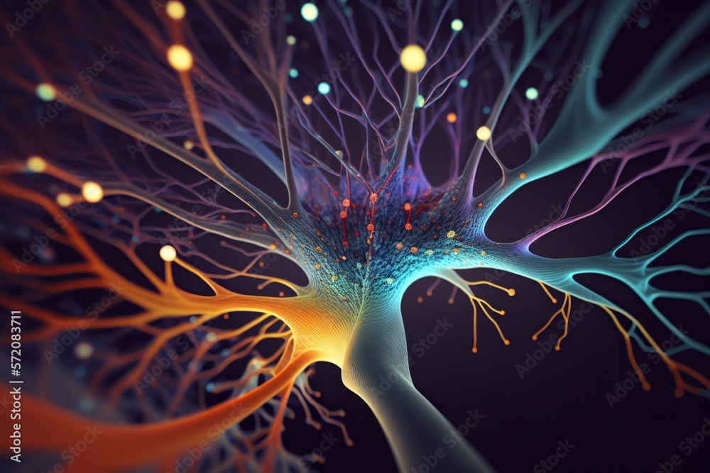 Close-up of neuron with colorful dendrites and axons branching in ...