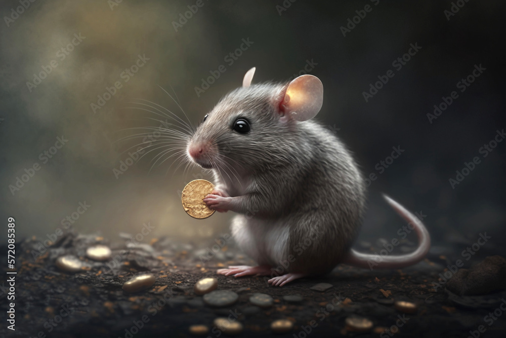 Ilustrace „Perez mouse. Mouse with golden coin in his hands. Child ...