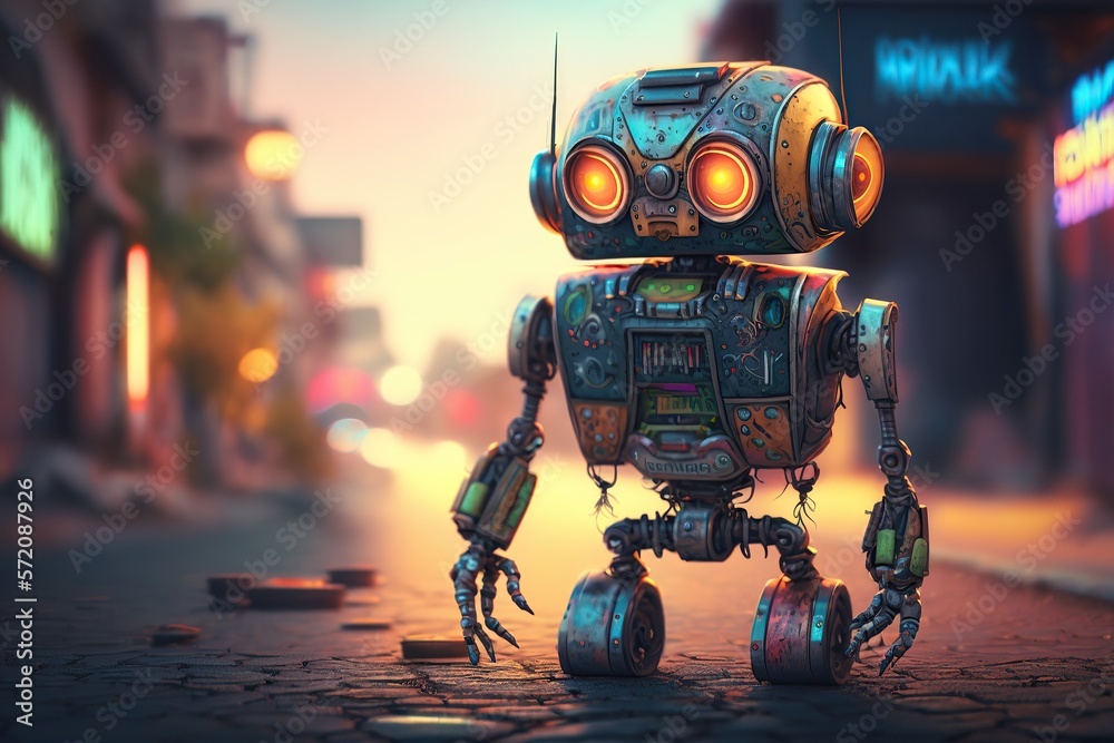 old, LITTLE and funny cut yellow scrap robot on the junkyard,full body ...