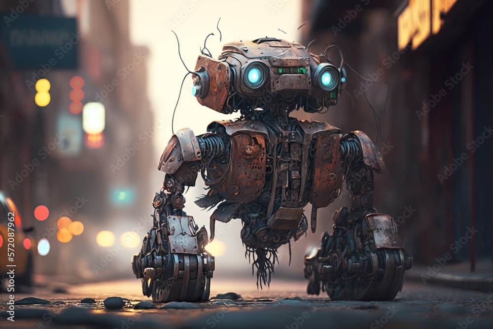 old, LITTLE and funny cut yellow scrap robot on the junkyard,full body,cyberpunk colored light ...