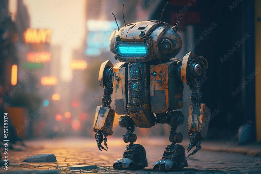 old, LITTLE and funny cut yellow scrap robot on the junkyard,full body,cyberpunk colored light ...