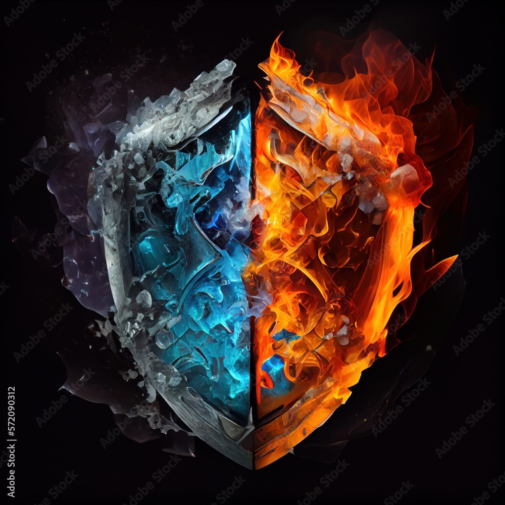 A shield in the clash of ice and fire on black background. Fire flames ...