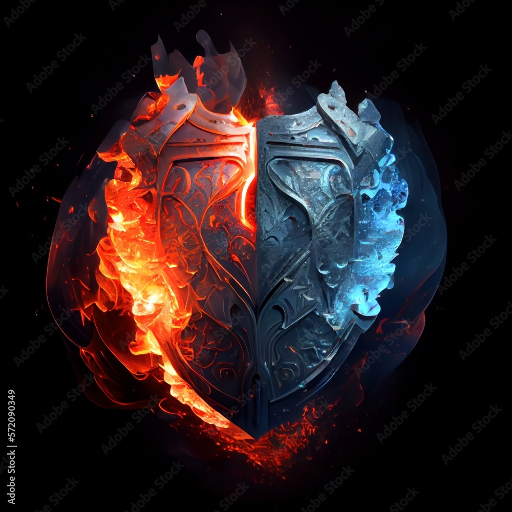 A shield in the clash of ice and fire on black background. Fire flames ...
