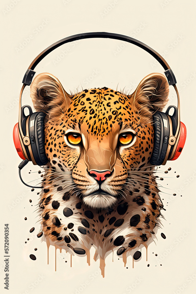 Cartoon leopard head with headphones. Generative AI Stock Illustration ...