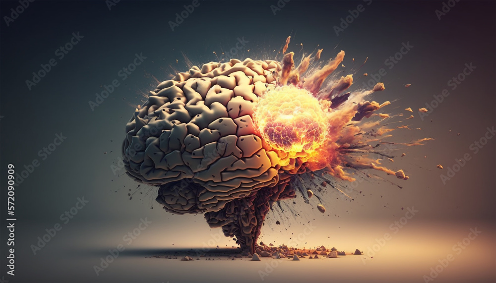 Concept art of a human brain exploding with knowledge and creativity ...