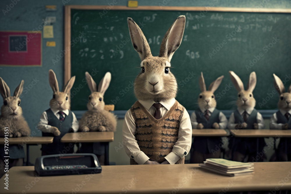 Happy hare dressed as a teacher stands in front of a c, concept of ...