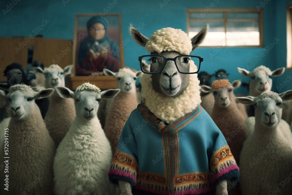 Happy lama with glasses dressed as a teacher stands in, concept of ...