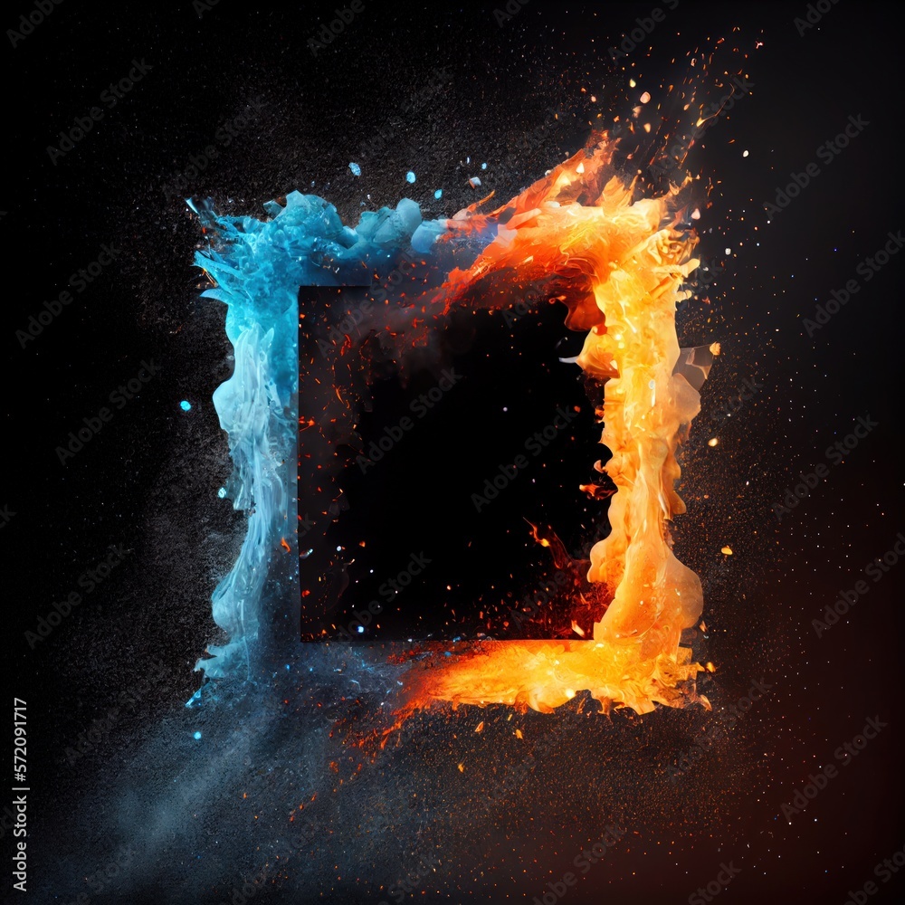 A square frame in the clash of ice and fire on black background. Fire ...
