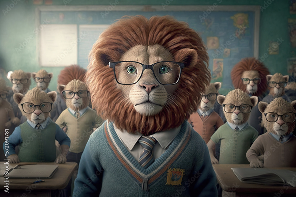 Happy lion with glasses dressed as a teacher stands in, concept of ...