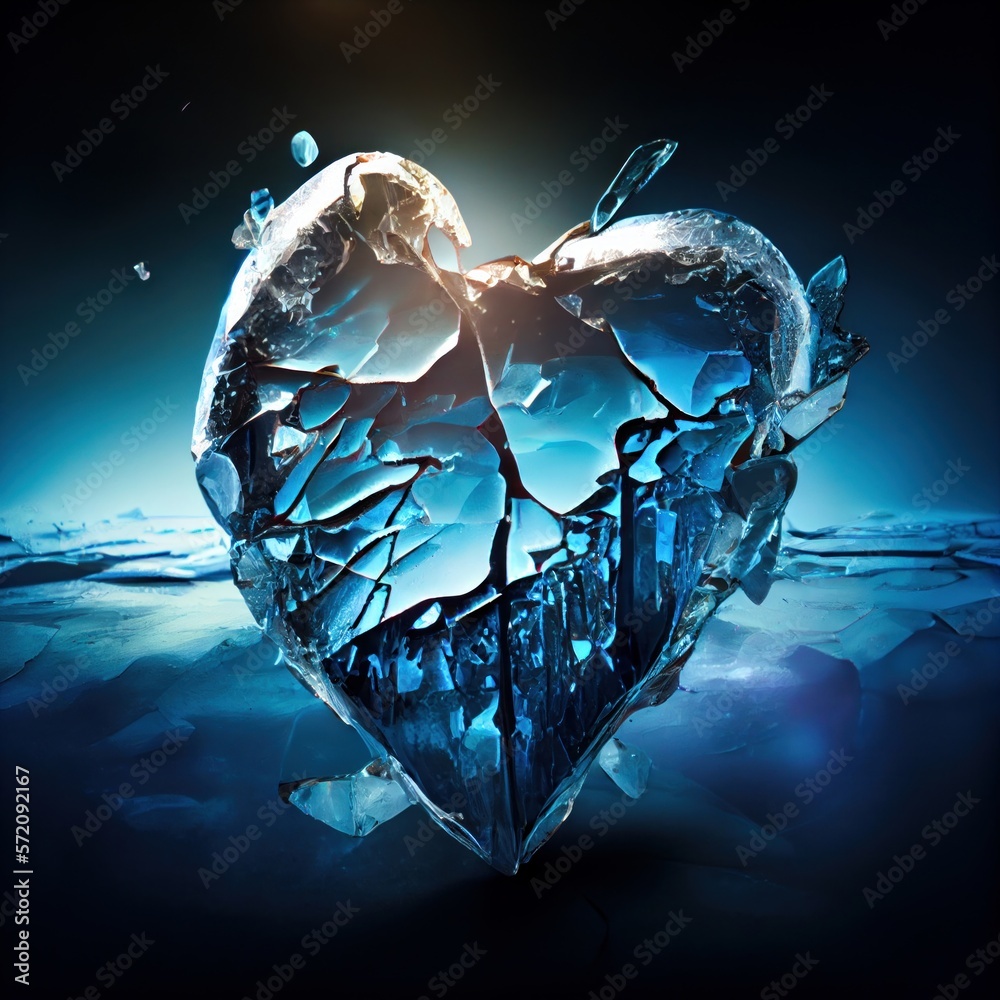 A heart shaped ice cube on black and icy background. Cracked glacial ...