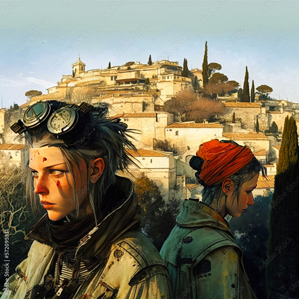 Retrofuturistic heros in front of Saint-Paul de Vence, comics drawing ...