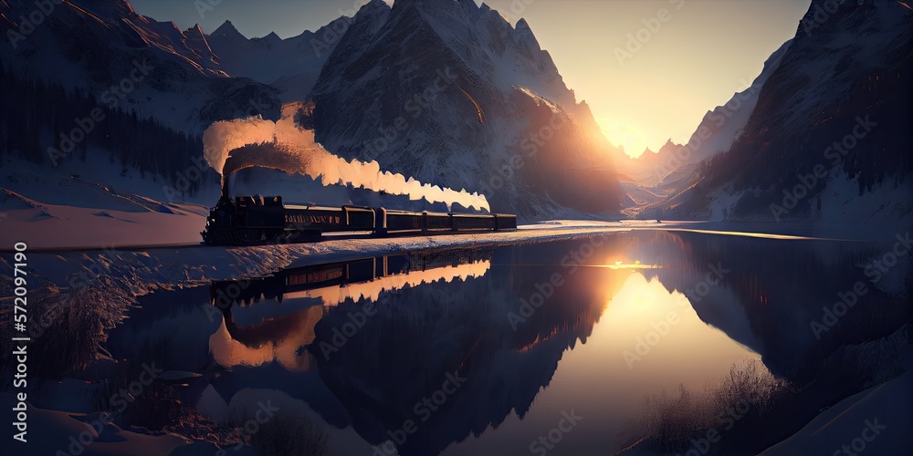 Historic steam train in winter mountains under snow on sunset reflected ...