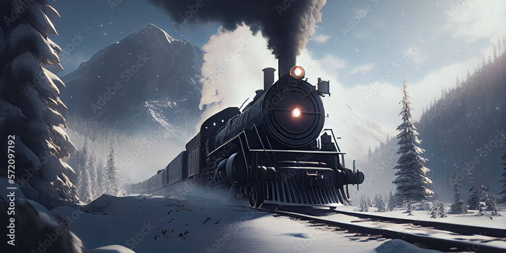 Historic steam train in winter mountains under snow. Panoramic banner ...