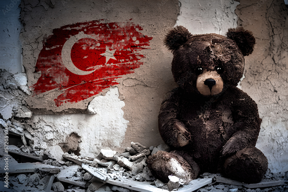 Teddy bear on the ruins of the house after the earthquake Turkey flag ...