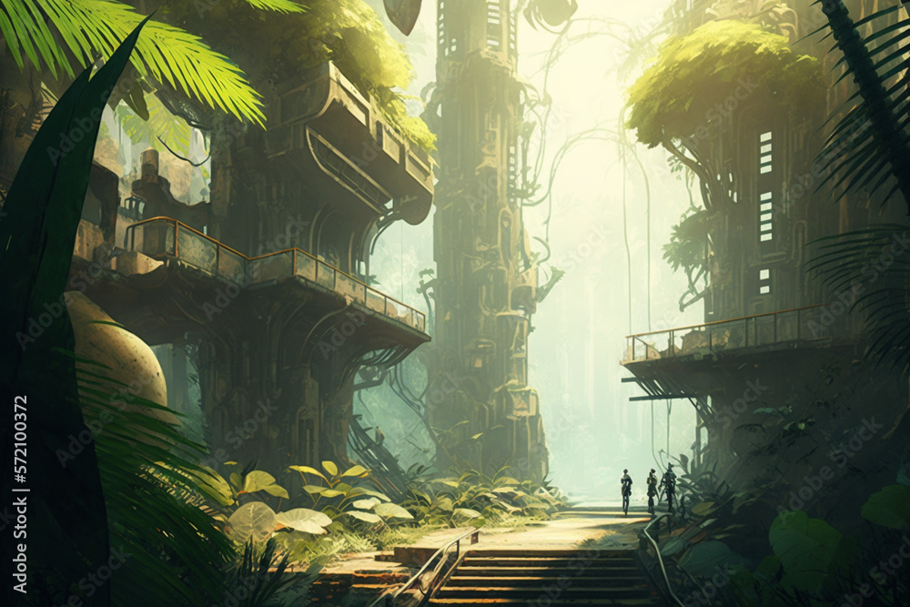 Beautiful a stylized representation of a jungle with high-tech elements ...