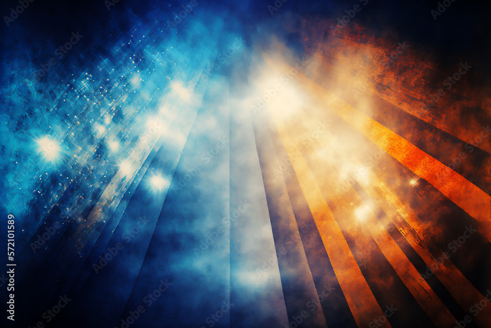 Abstract blue and orange color background with rays of light and grunge ...