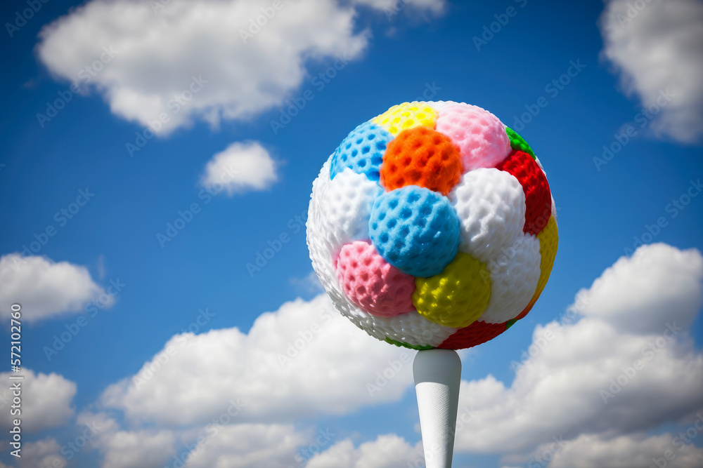 Colorful golf ball on a tee with a clear blue sky and white clouds in ...