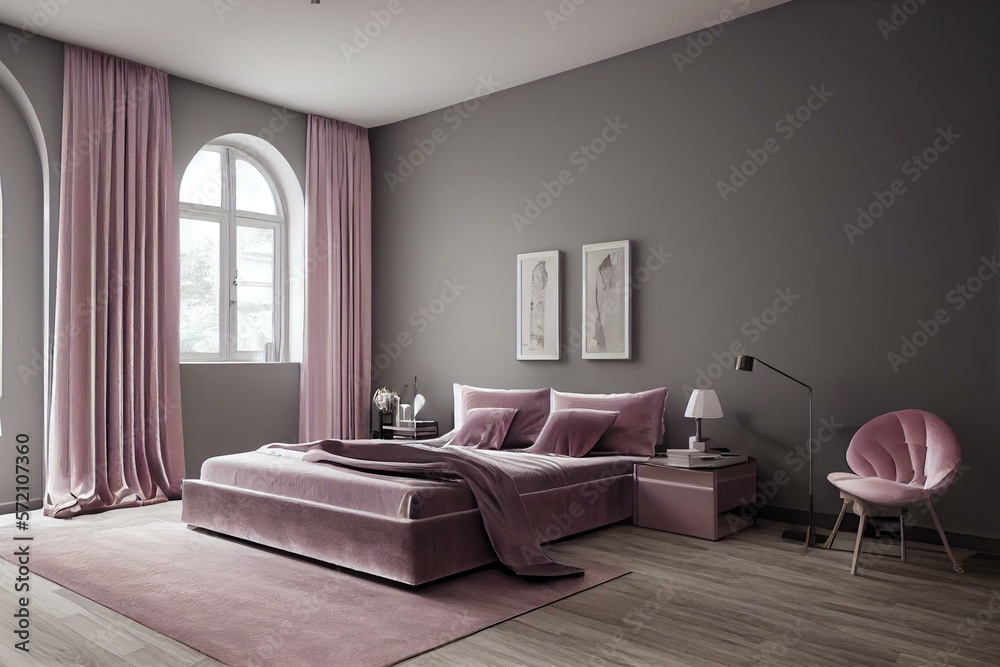 Bedroom in gray and pink colours grey, taupe, rose and purple velvet ...