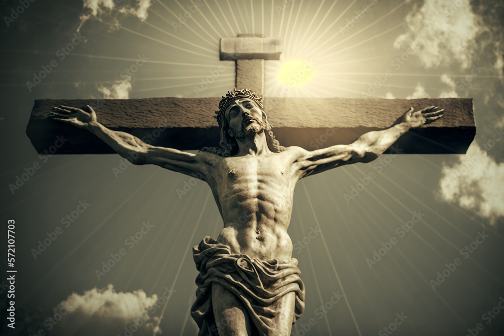 Cross Catholic Christian at sunset mountain clouds and bright ...