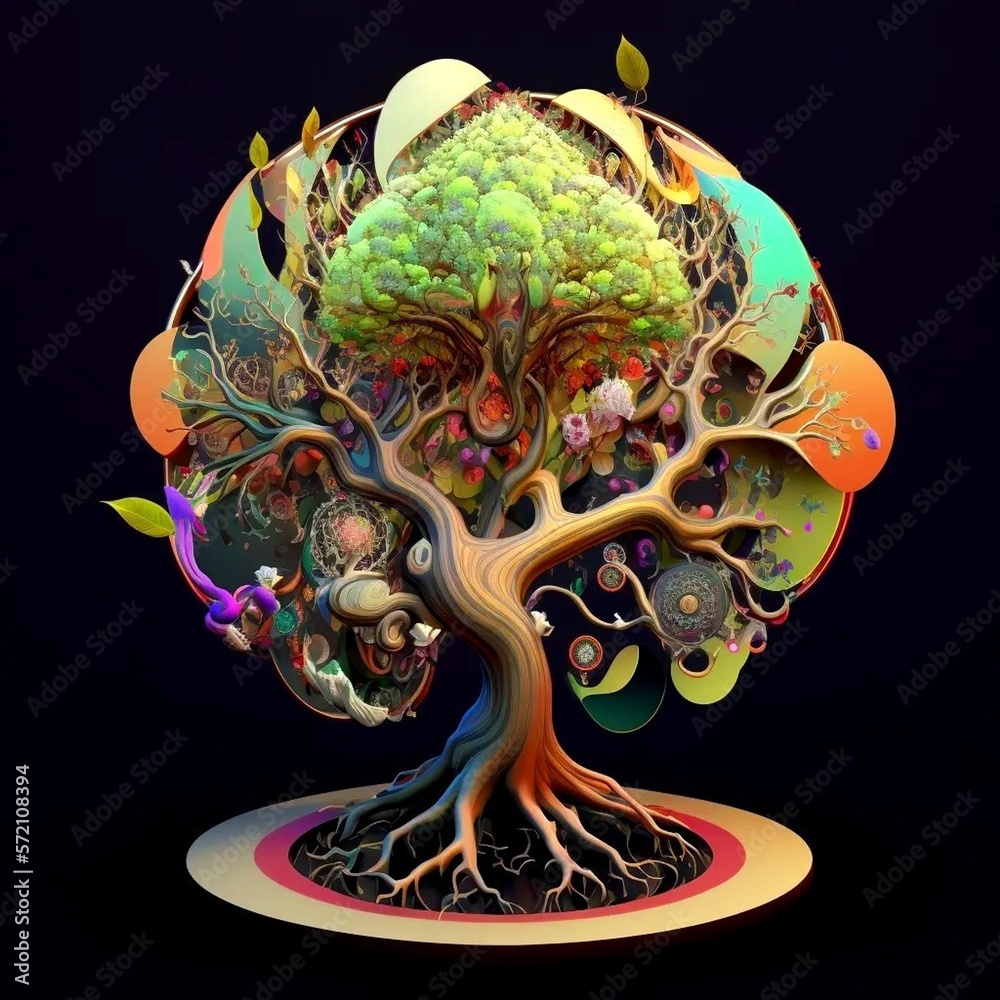 Colorful magical tree of life with black background by generative ai ...