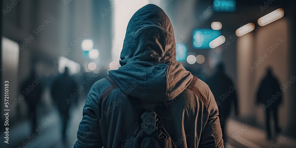 Hide in the crowd: Lonely guy in the night city. digital ai art ...