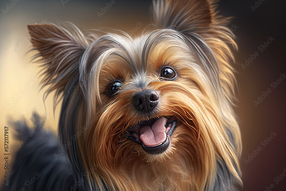 Cute and happy Yorkshire Terrier, yorkie, with mouth open, smiling ...