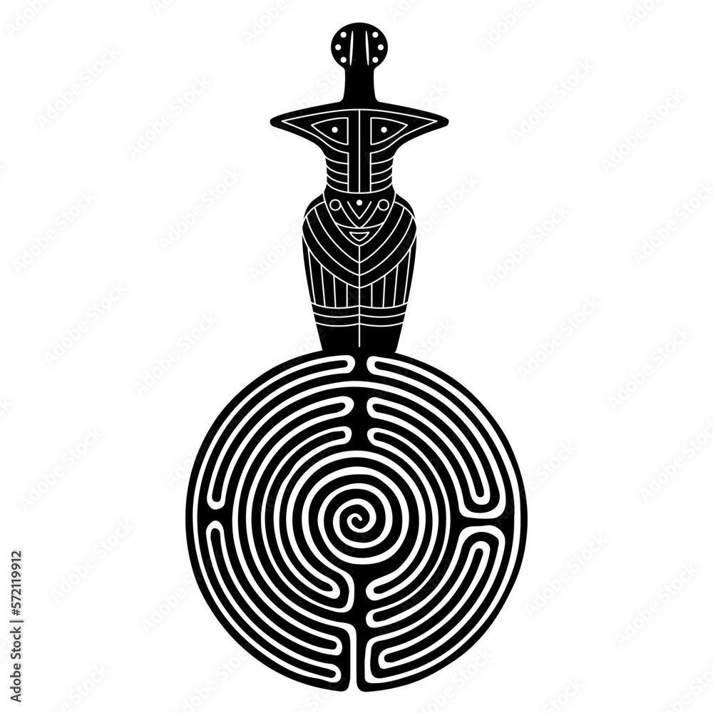 Female figurine of a Neolithic goddess standing on a round spiral maze ...