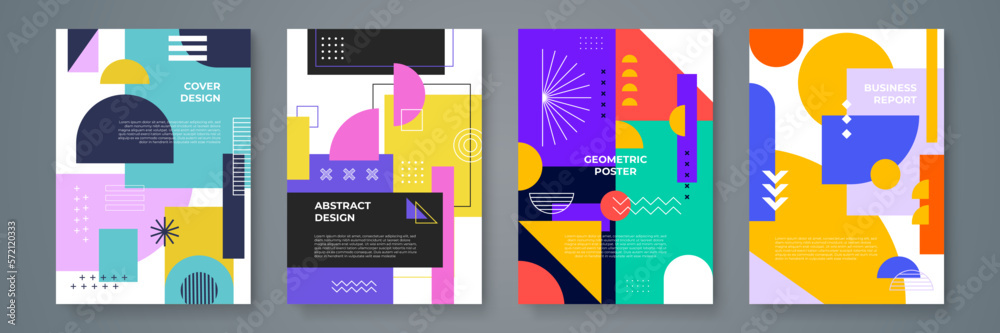 Colorful neo geometric poster. Grid with color geometrical shapes ...