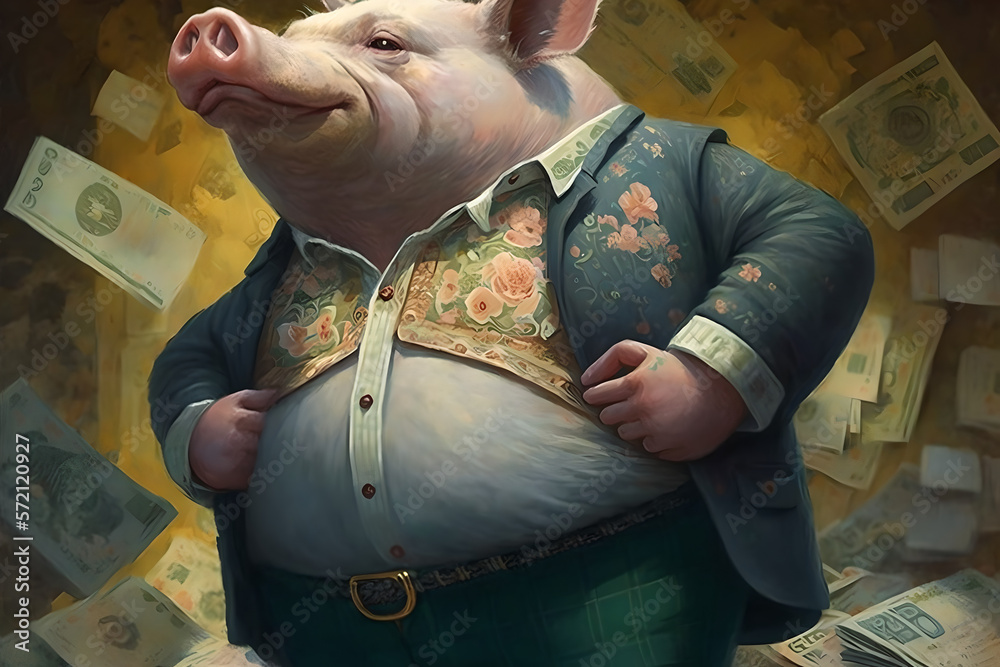 Filthy rich pig is fat and cashed up, lots of money in his pockets ...