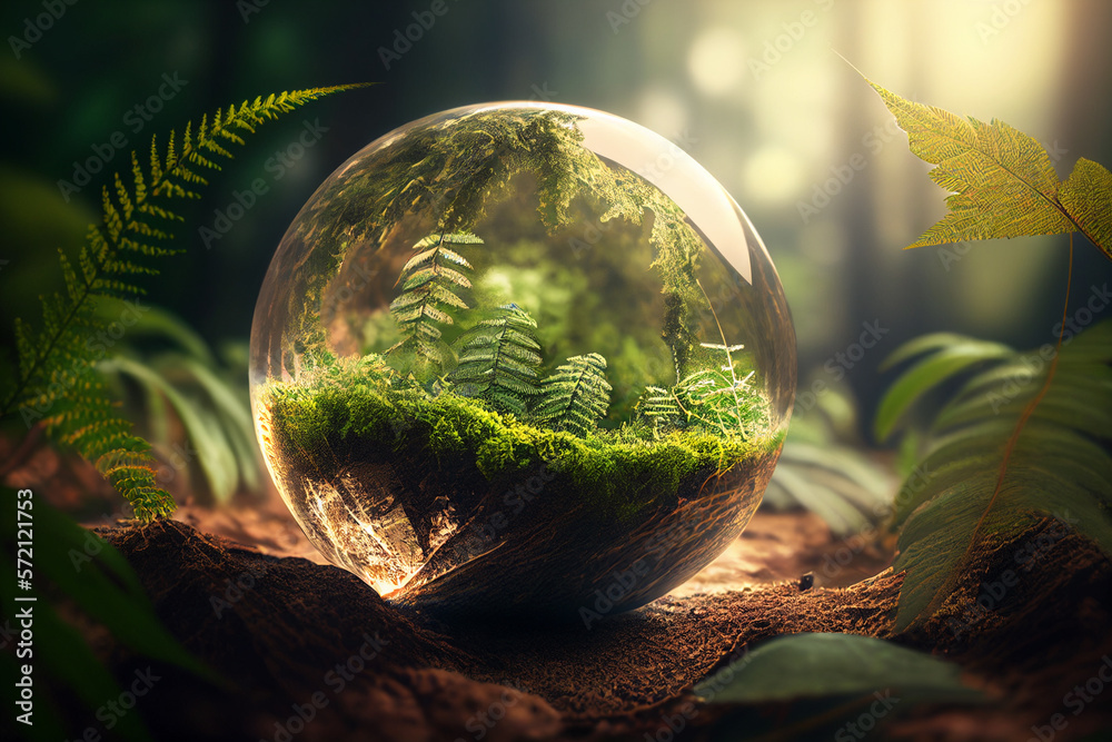 ภาพประกอบสต็อก Crystal Earth On Soil In Forest With Ferns And Sunlight ...