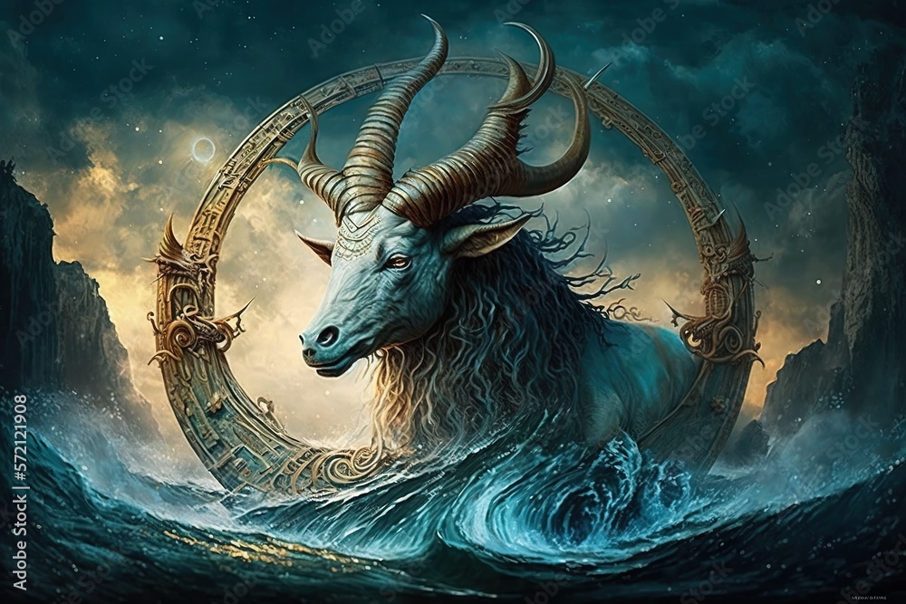 Backdrop of sacred zodiac Capricorn symbols, astrology, alchemy, magic ...