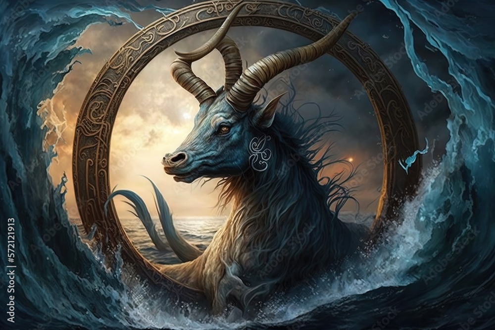 Backdrop of sacred zodiac Capricorn symbols, astrology, alchemy, magic ...