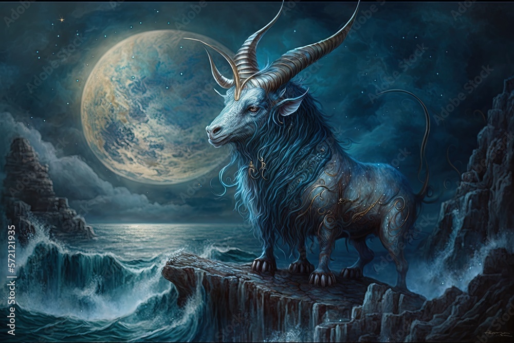 Backdrop of sacred zodiac Capricorn symbols, astrology, alchemy, magic ...