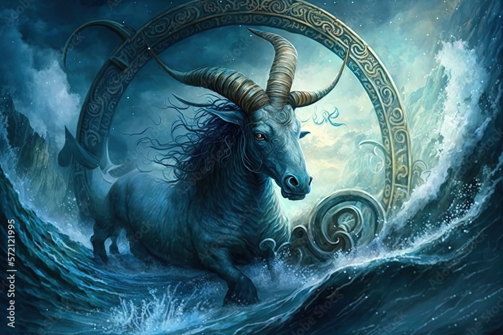 Backdrop of sacred zodiac Capricorn symbols, astrology, alchemy, magic ...