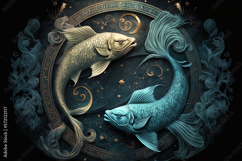 Backdrop of sacred zodiac Pisces symbols, astrology, alchemy, magic ...