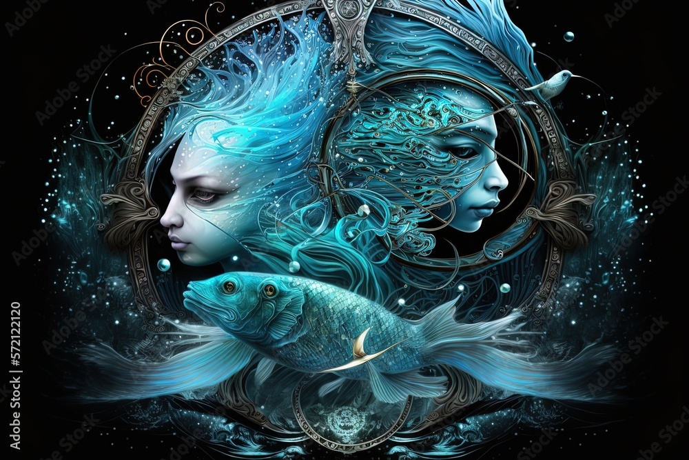 Backdrop of sacred zodiac Pisces symbols, astrology, alchemy, magic ...
