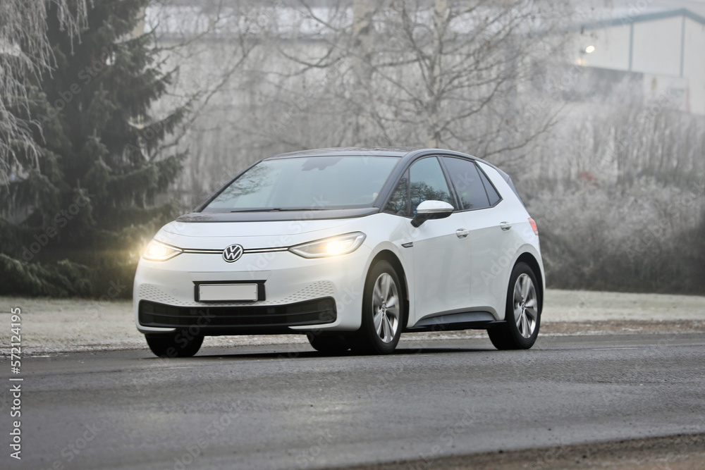 White Volkswagen ID3 electric car on Street in Winter Stock Photo ...