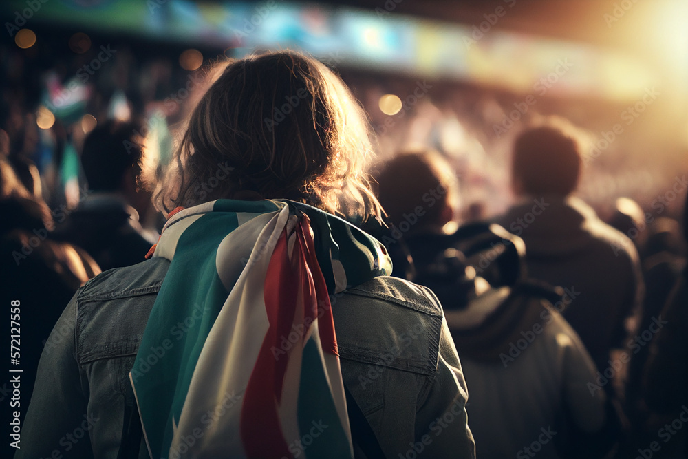 Back view of football soccer fans cheering at stadium, image ai ...