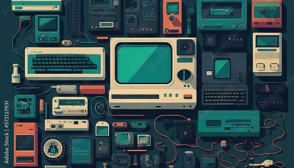 Background full of various old electronics from the 80s and 90s, retro ...