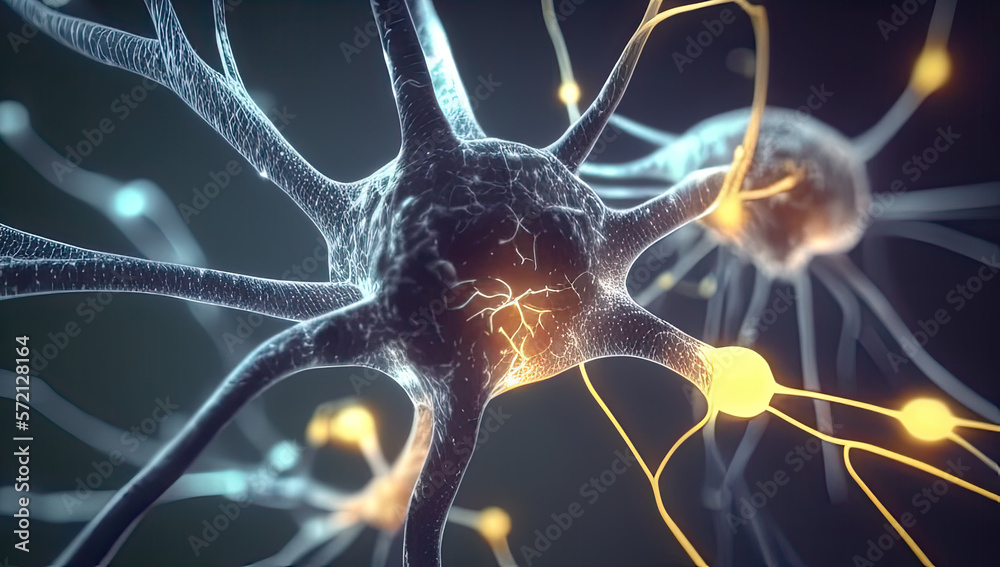 Conceptual illustration of neuron cells with glowing link knots. Blue ...