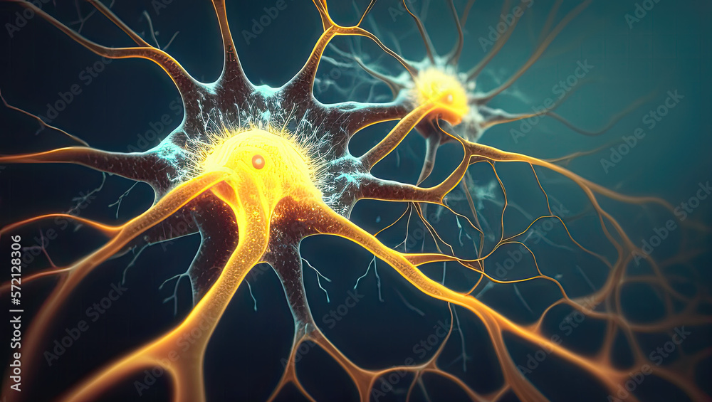 Conceptual illustration of neuron cells with glowing link knots. Blue ...