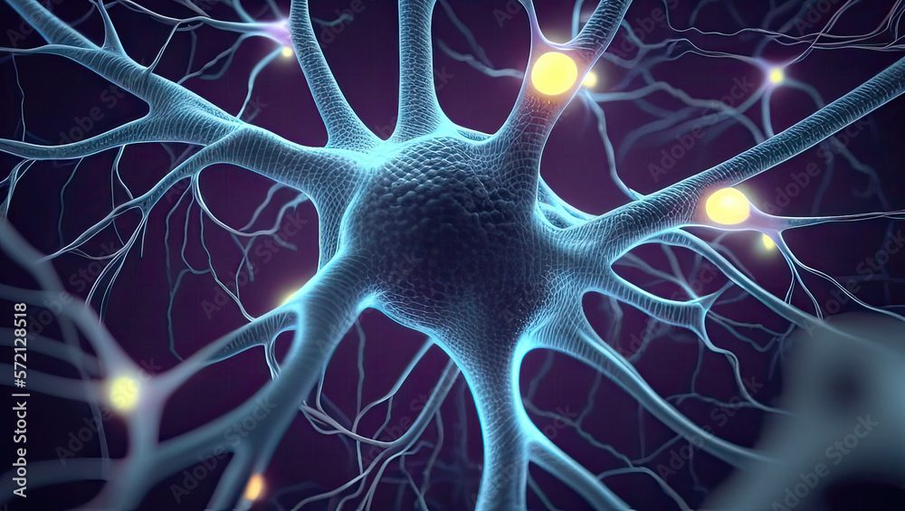 Conceptual illustration of neuron cells with glowing link knots. Blue ...