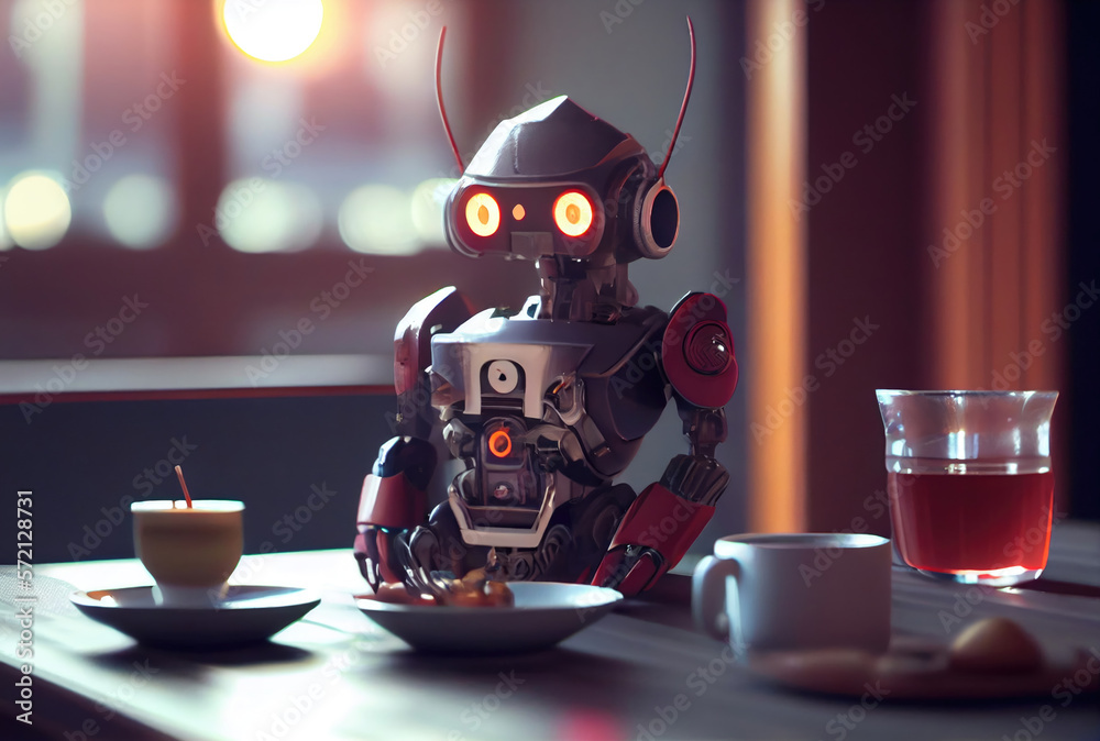 Gourmet humanoid robot as customer eating food in the restaurant ...