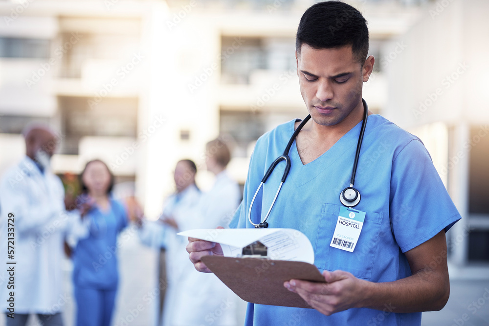 Healthcare, man and outdoor with clipboard, uniform and reading charts ...